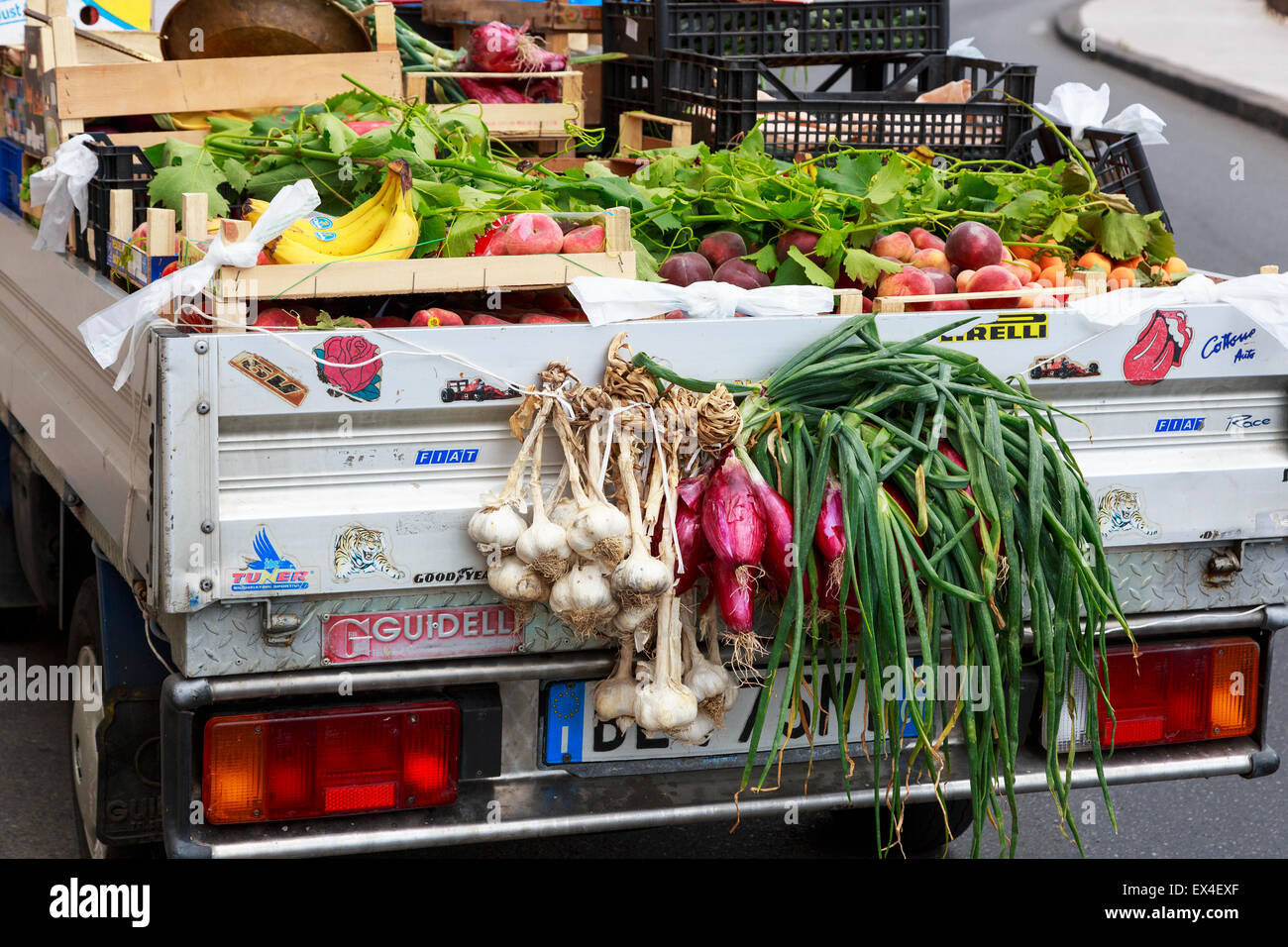 Fruit on the back of a small van, selling fruit and vegetables from the ...