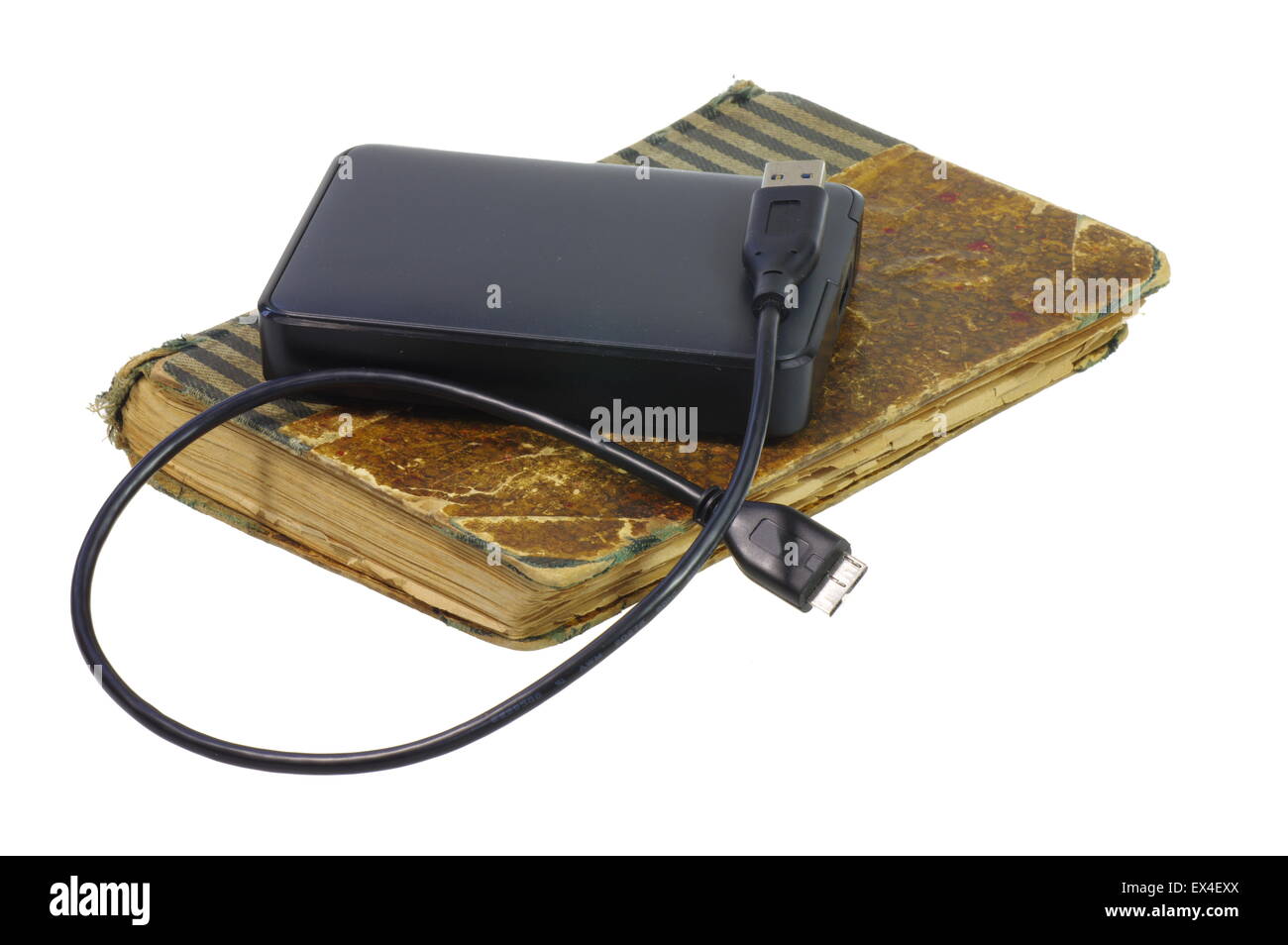 External memory. External computer disk lying on a very old book. On ...