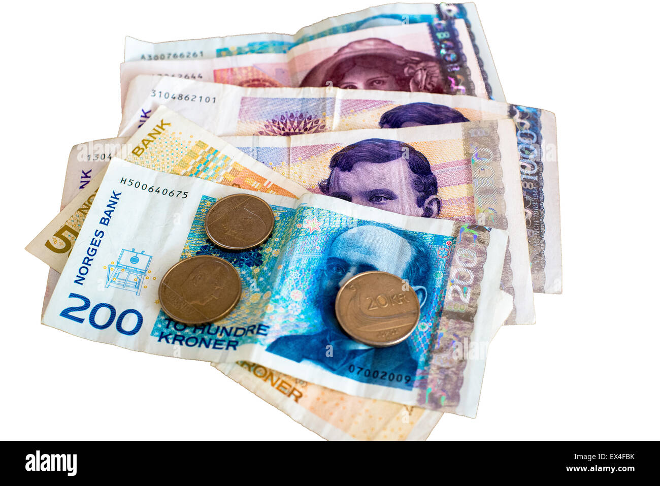 A sample of Norwegian notes and coins. Isolated Stock Photo - Alamy