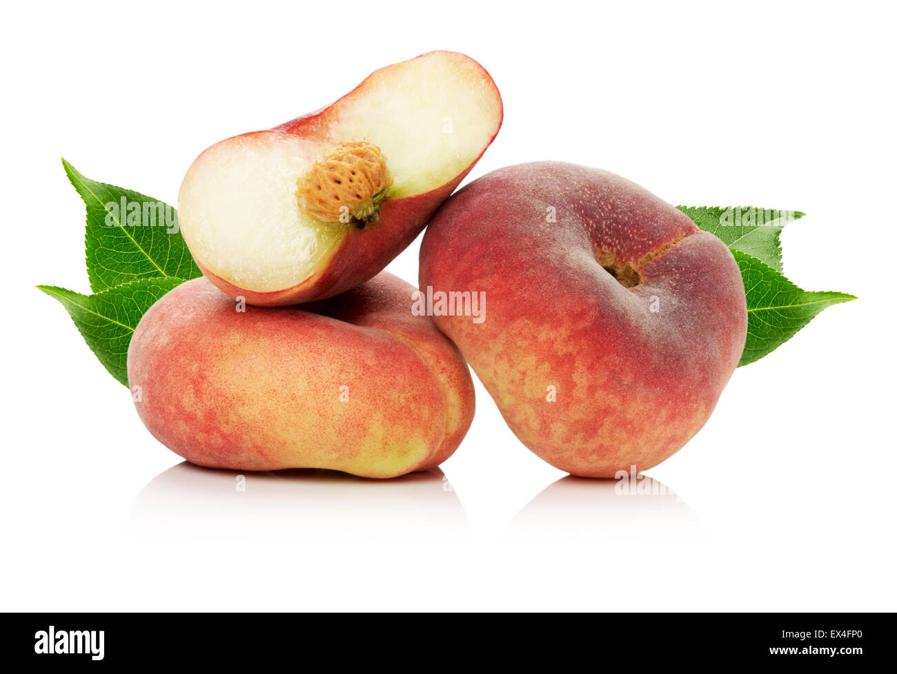 ripe fig peach slice with leaves isolated on white background Stock ...