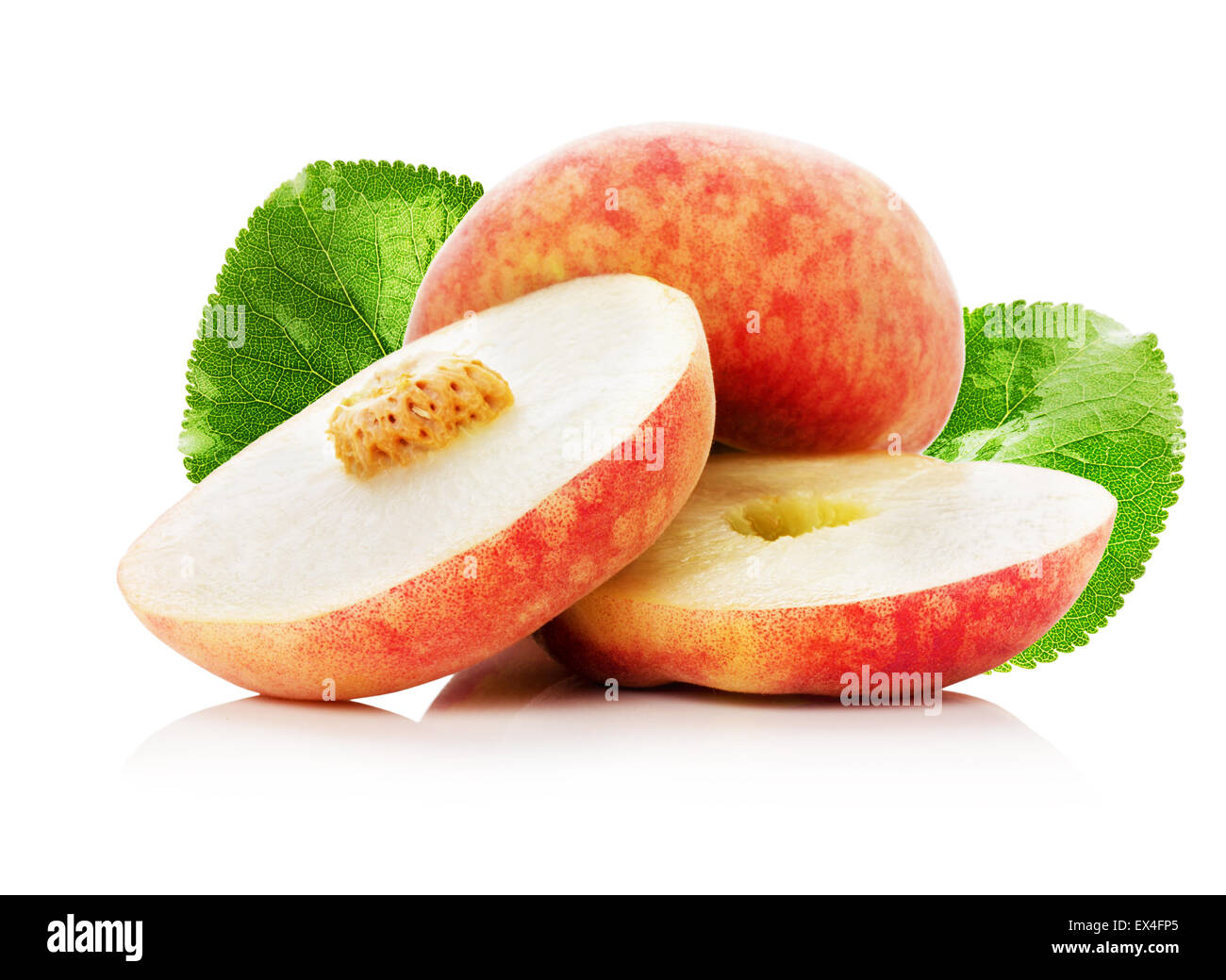 ripe fig peach slice with leaves isolated on white background Stock ...