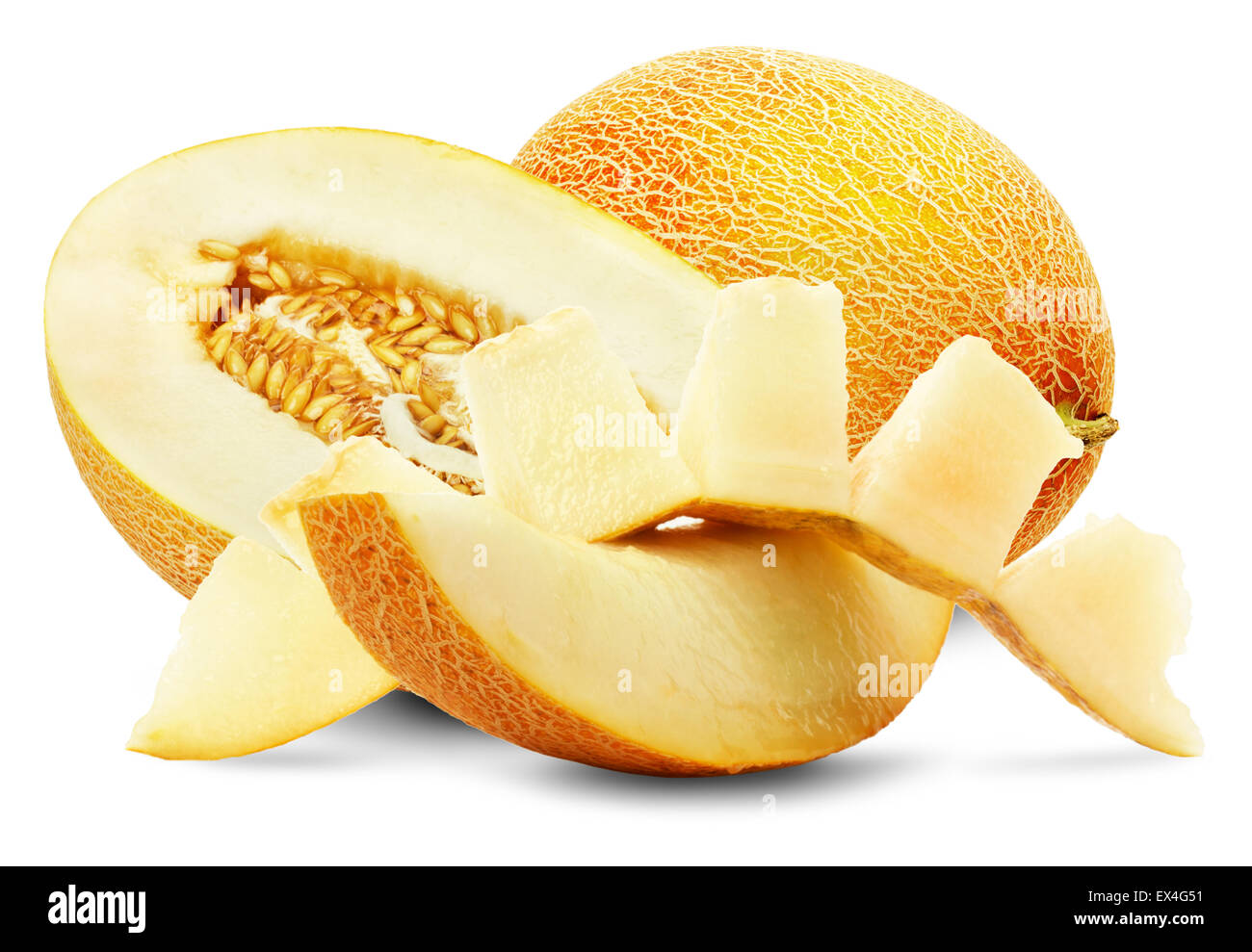 ripe melon with slices on the white background Stock Photo - Alamy