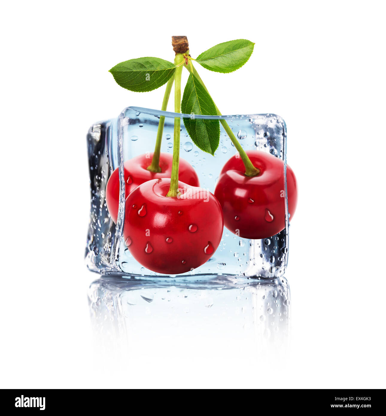 Ice cube and juicy cherries isolated on the white background Stock ...