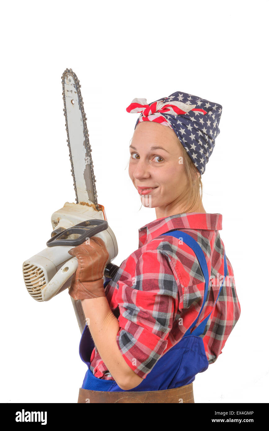 Vintage pretty young woman with a chainsaw on white background Stock ...