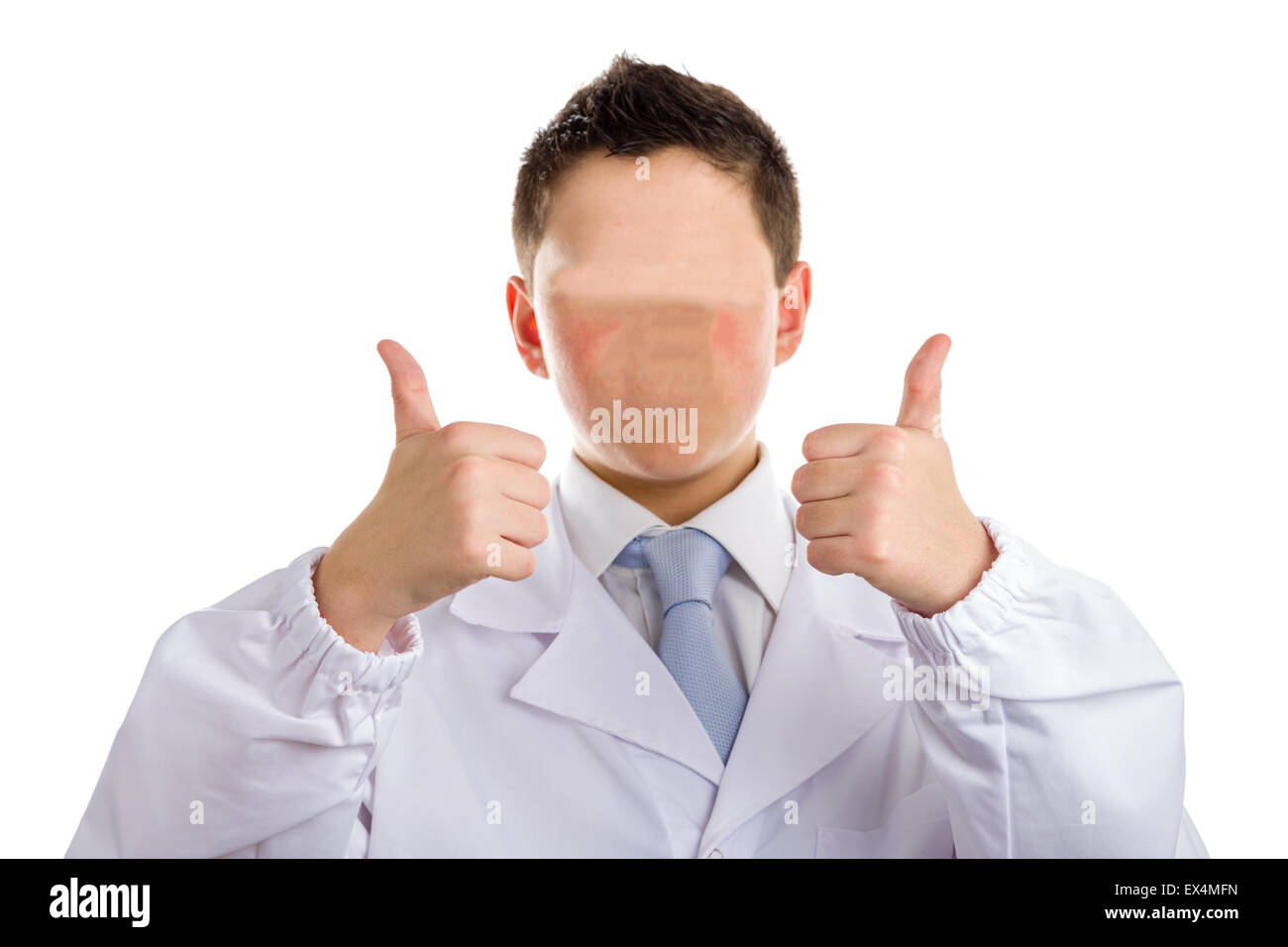 A boy doctor without face in white coat making thumbs up as success ...