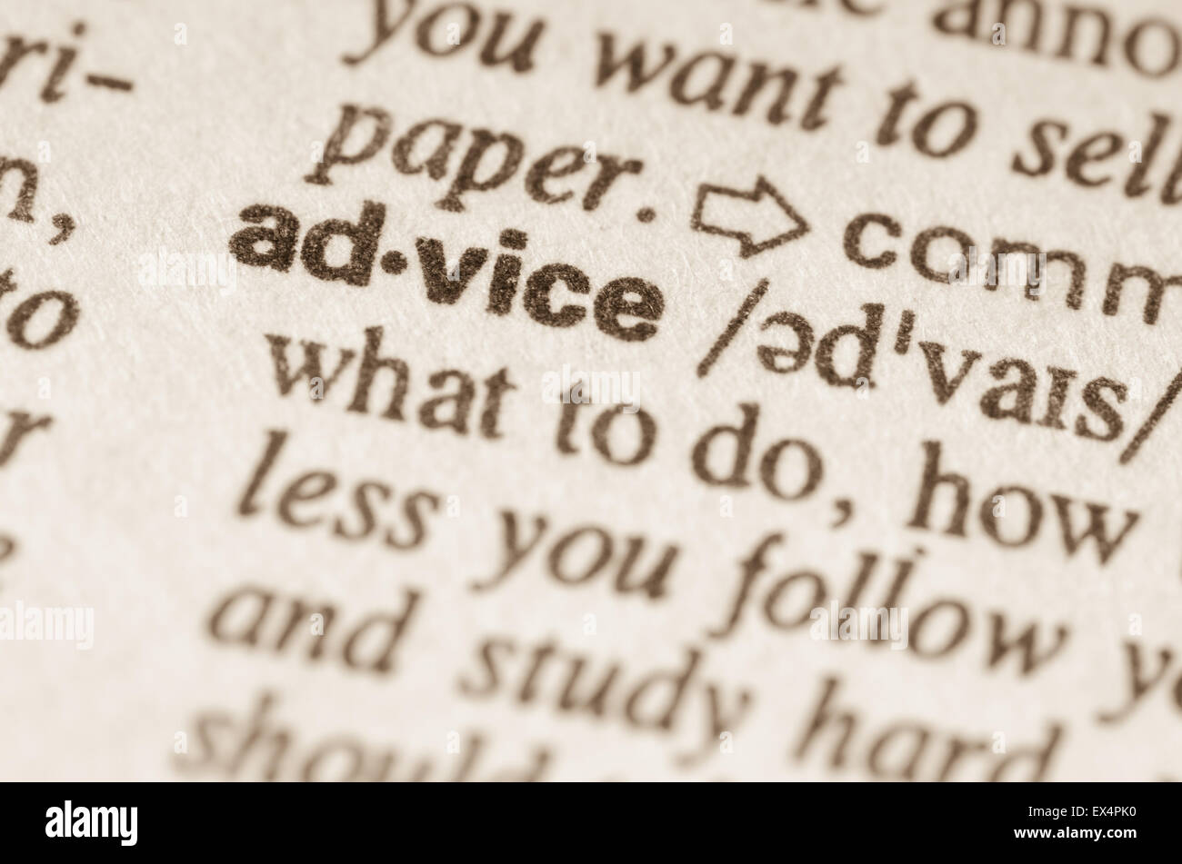 Definition of word advice in dictionary Stock Photo - Alamy