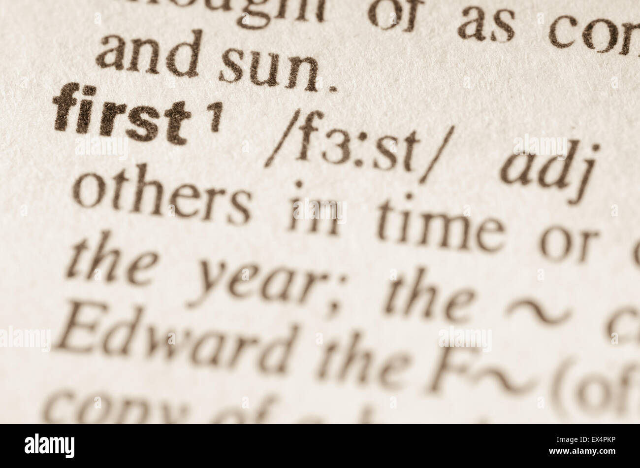 Definition of word first in dictionary Stock Photo - Alamy