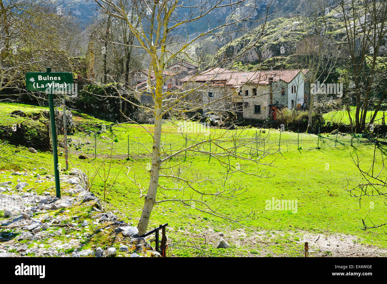 Village of Bulnes in the Peaks of Europe national park. Down ...