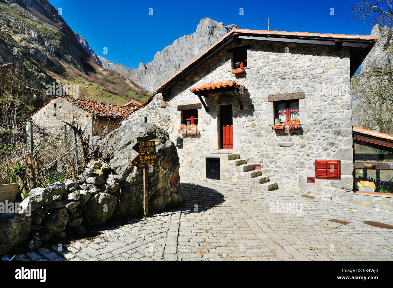 Village of Bulnes in the Peaks of Europe national park. Down ...