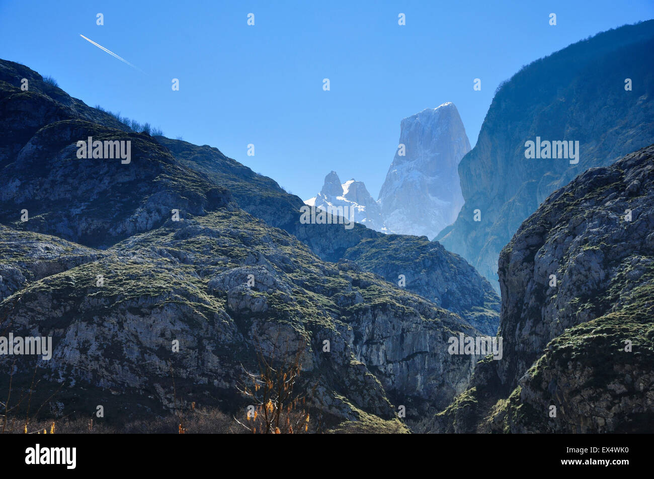 Picu Urriellu seen from viewpoint of Bulnes.Village of Bulnes in the ...