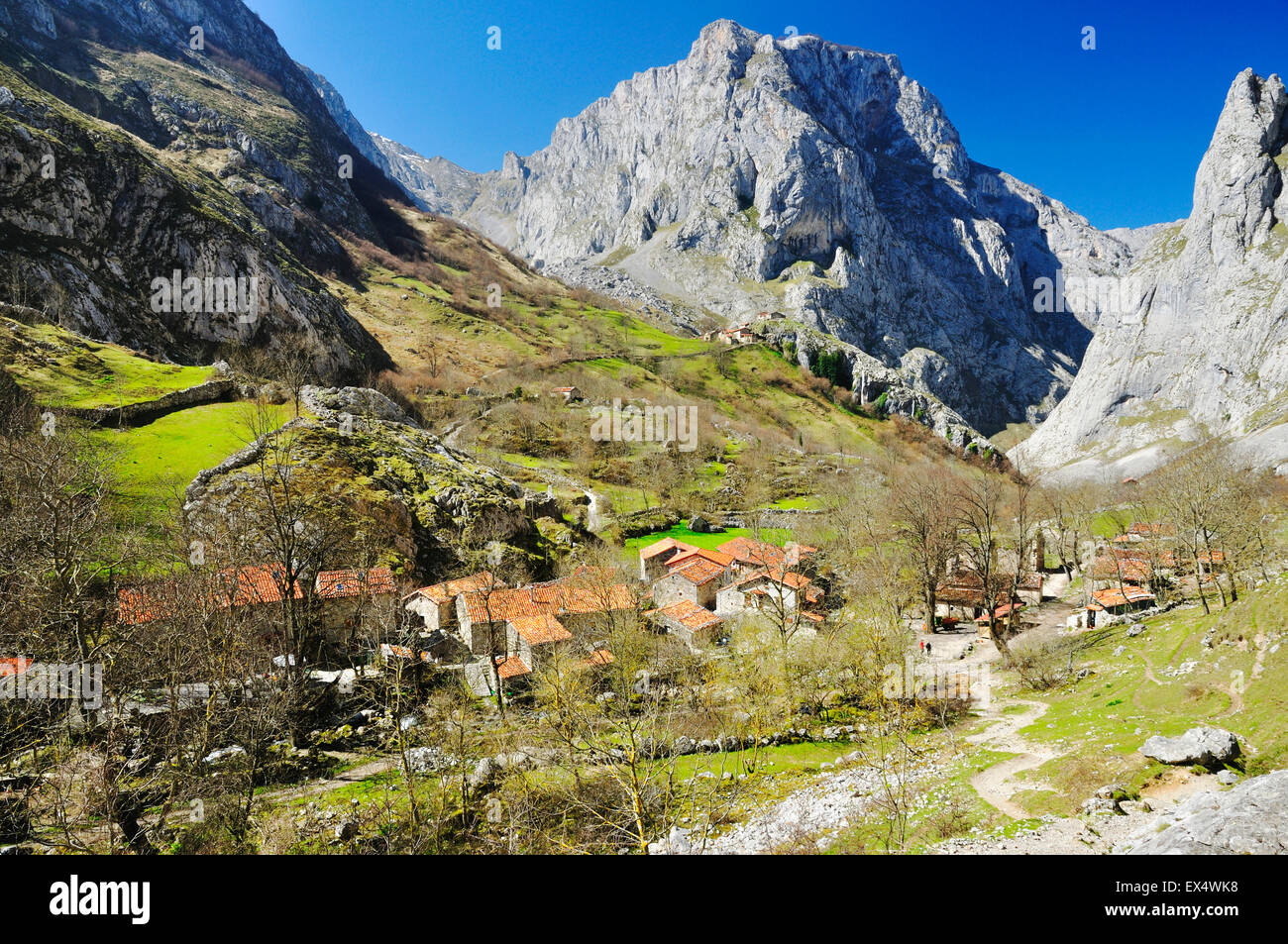 Village of Bulnes in the Peaks of Europe national park. Down ...