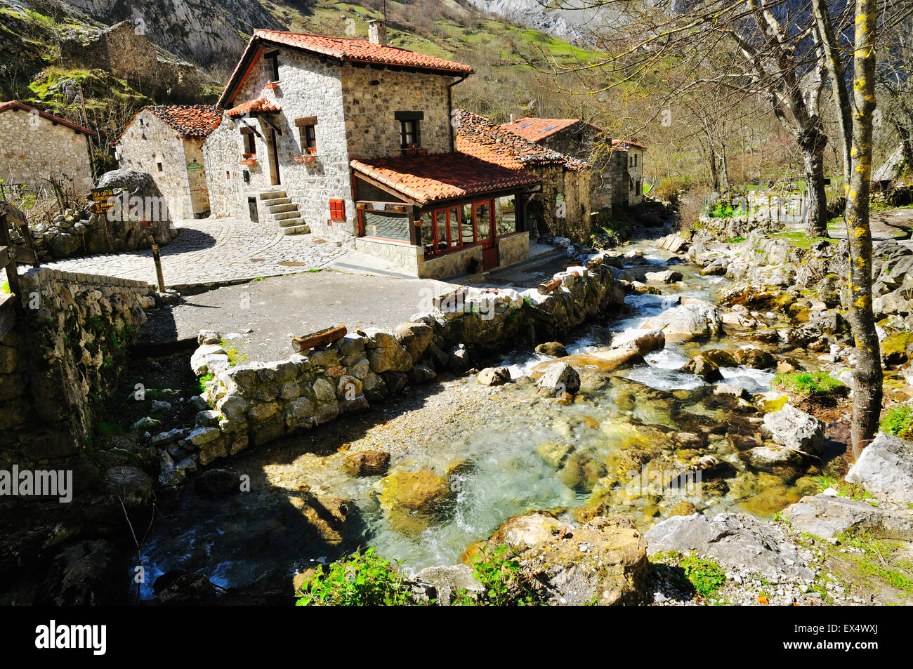 Village of Bulnes in the Peaks of Europe national park. Down ...