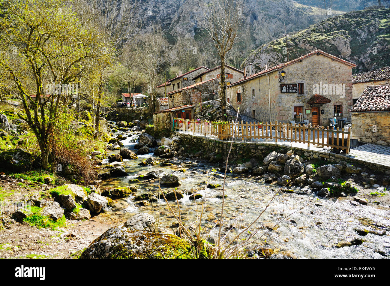 Village of Bulnes in the Peaks of Europe national park. Down ...