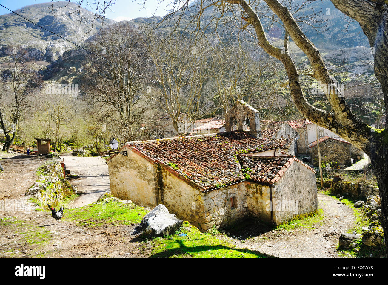 Village of Bulnes in the Peaks of Europe national park. Down ...