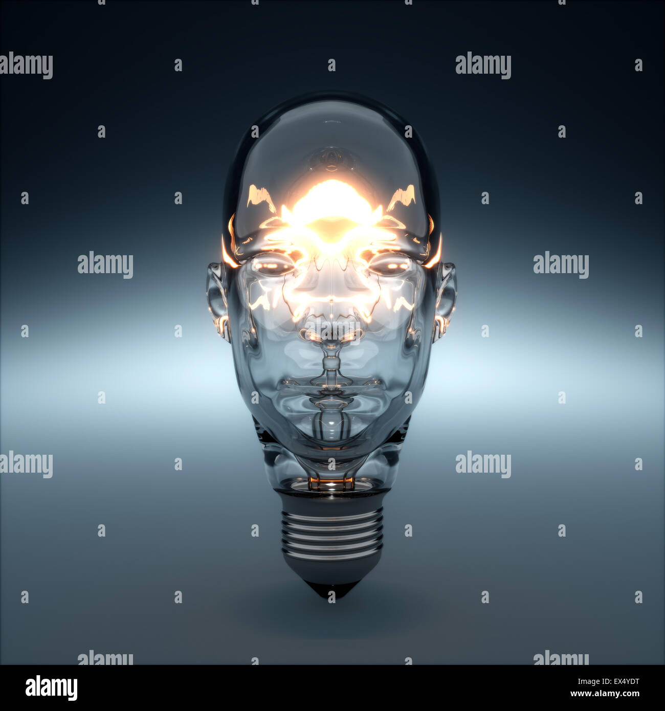 3d rendering of glass head shaped light bulb glowing. AI creativity concept Stock Photo - Alamy