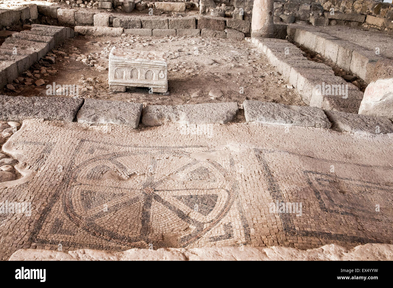 Mosaic floor at the ruins of Magdala (Mejdel) - current day Migdal. On ...