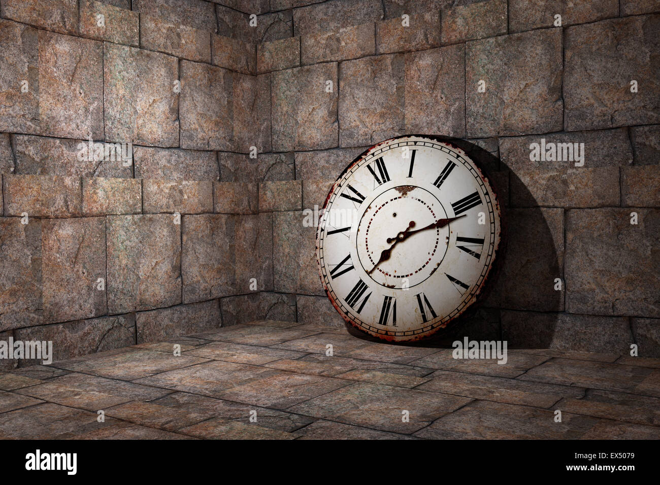 3d rendering of an old clock on a dirty and old wall Stock Photo - Alamy