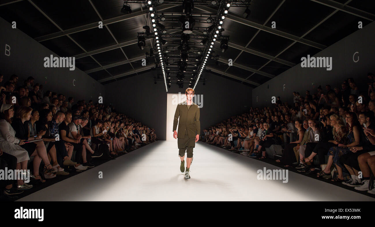 Berlin, Germany. 07th July, 2015. A model presents a creation of German ...