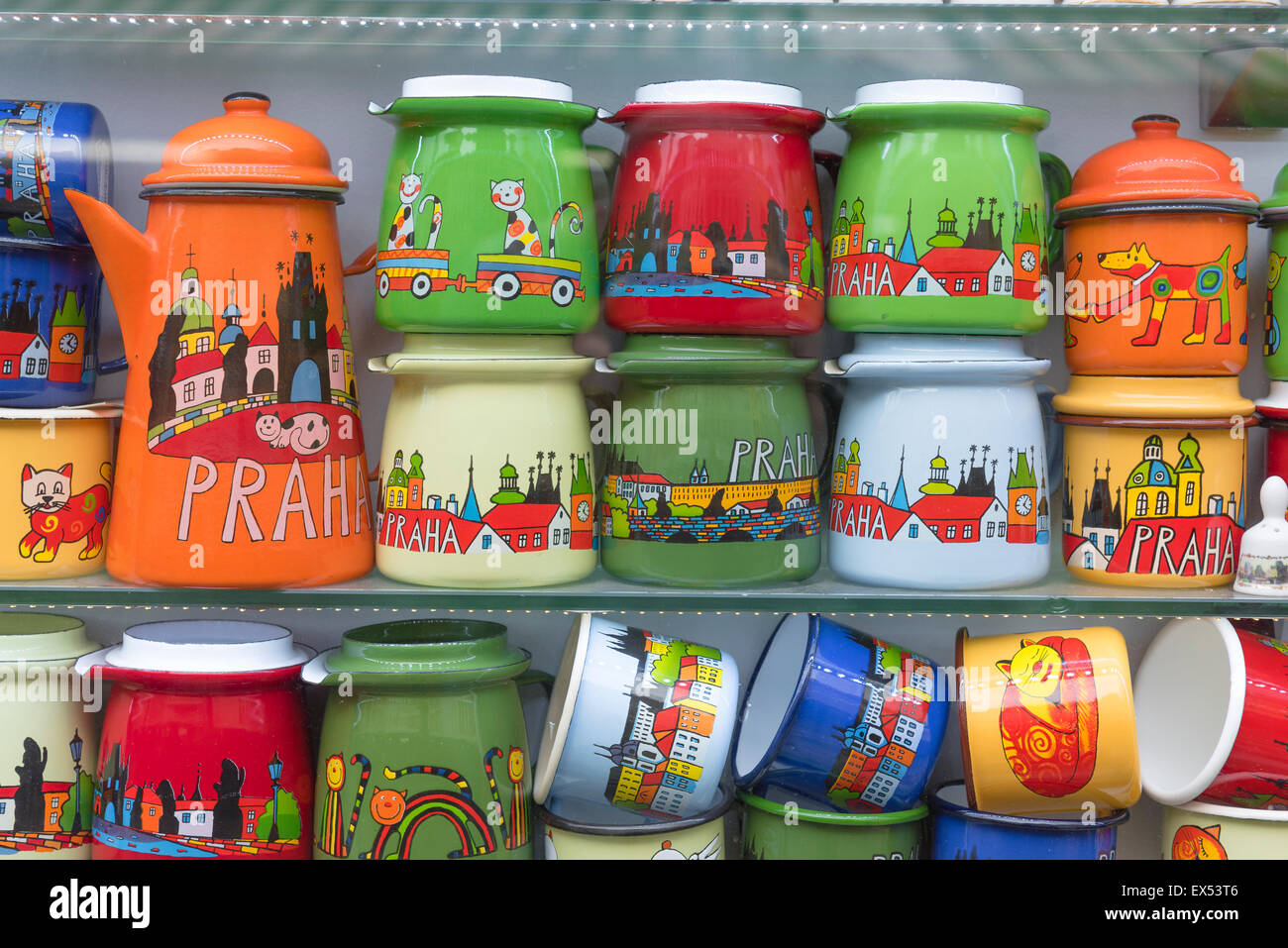 Prague shop, view of a display of colourful coffee mugs in the Havelska ...