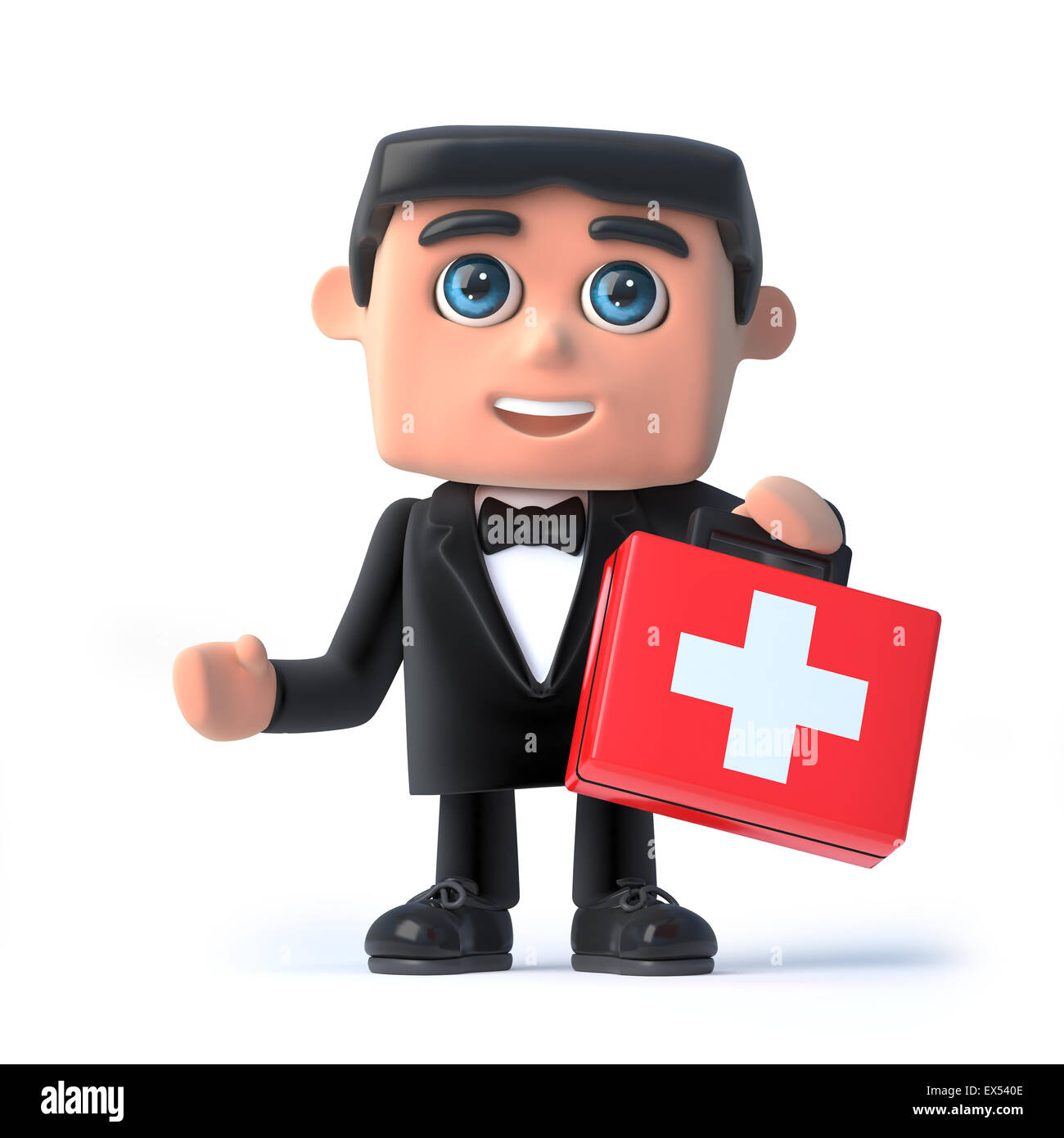 3d render of a man in a tuxedo and bow tie holding a first aid kit ...