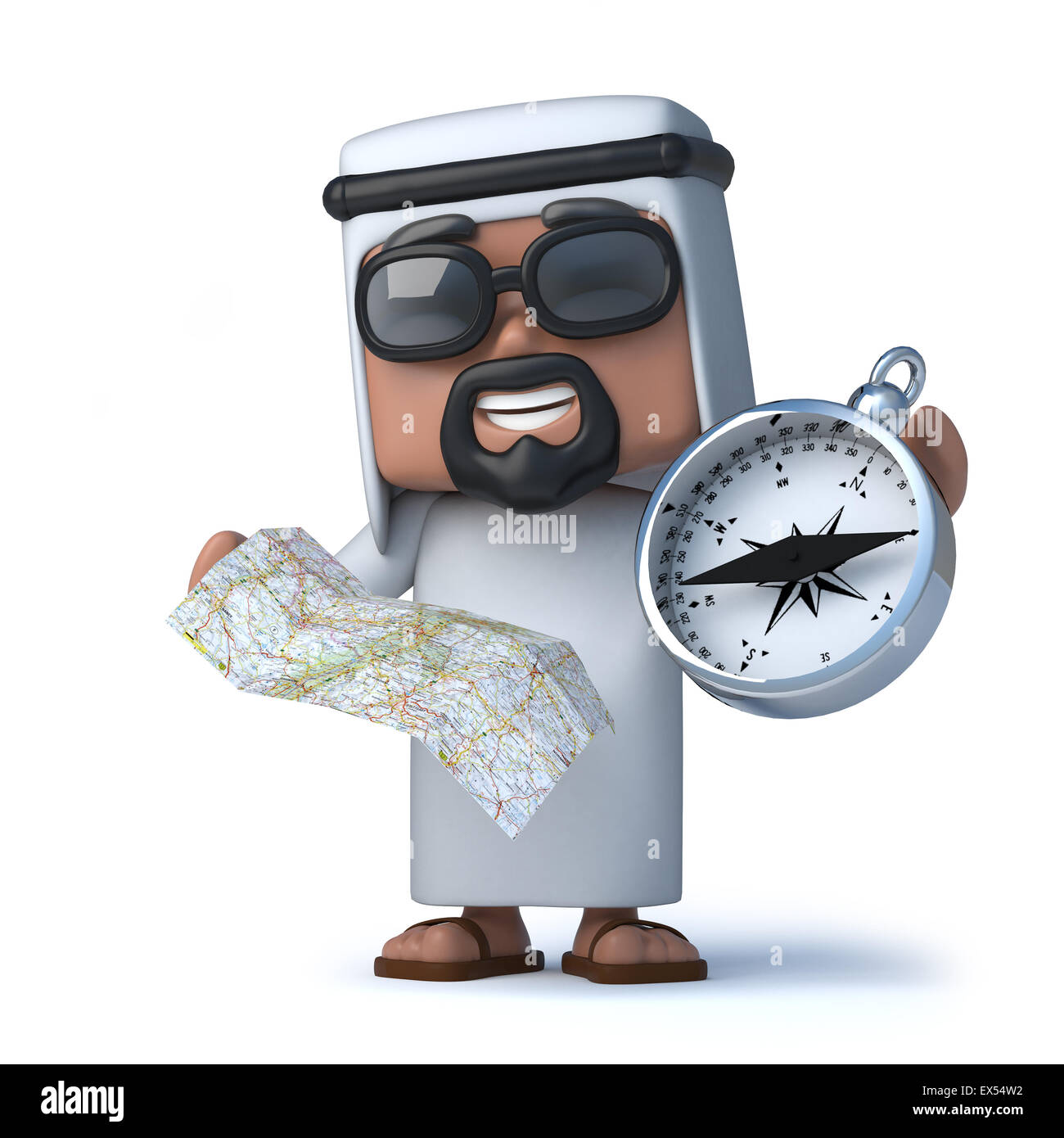 3d render of an Arab with a map and compass Stock Photo - Alamy