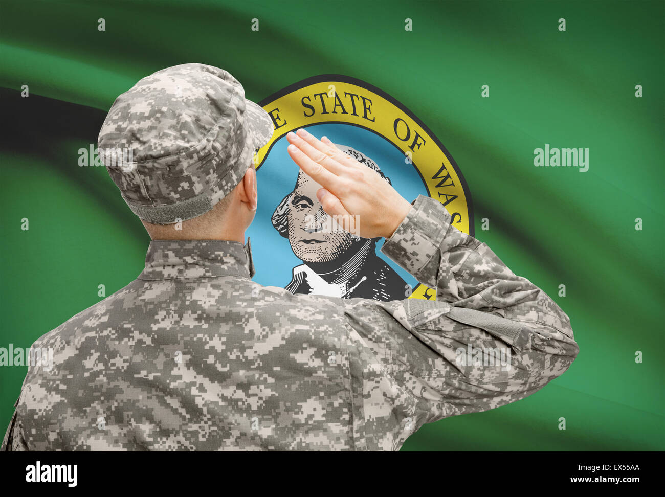 Soldier saluting to USA state flag conceptual series - Washington Stock ...