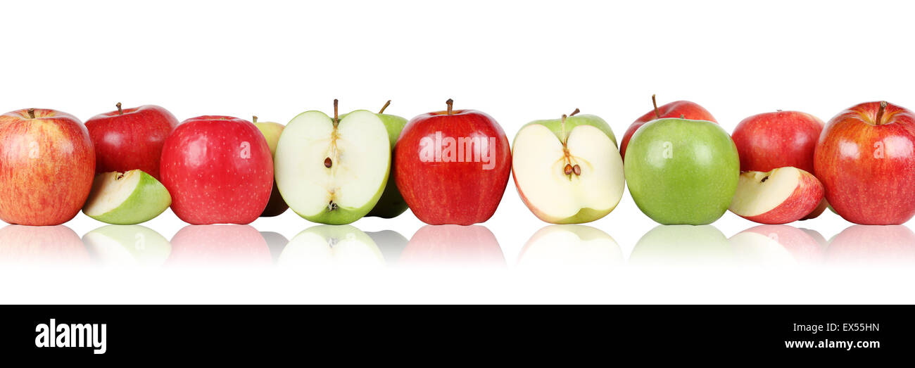 Fresh apple fruits apples border in a row isolated on a white ...