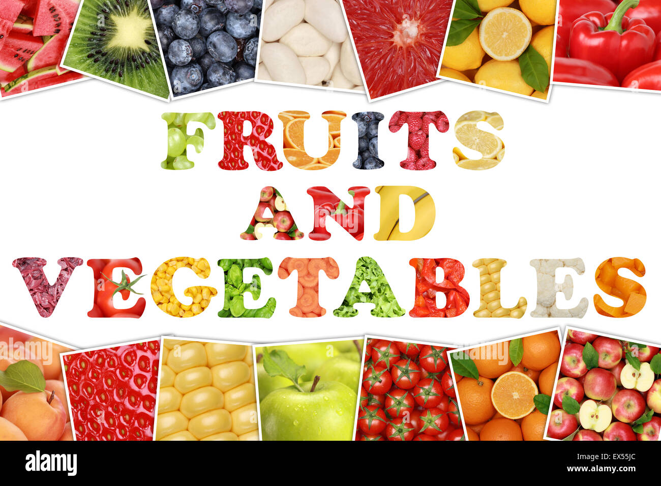 Word fruits and vegetables with apple, orange, tomatoes, lemon, banana ...
