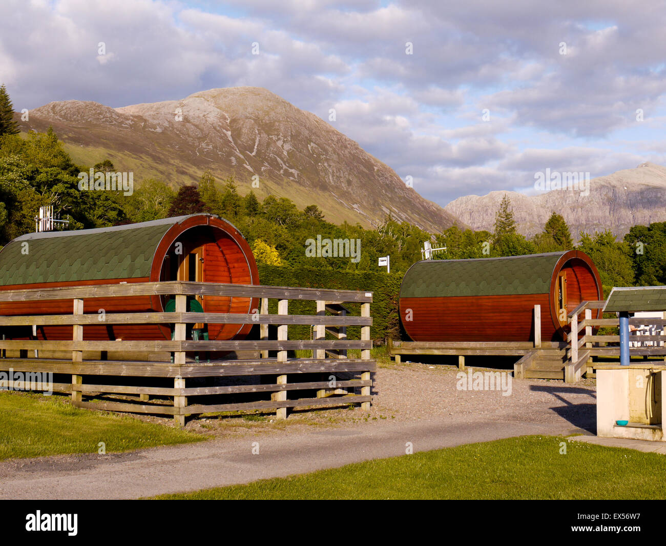 Hobbit huts at a campsite at Invercoe, Glencoe, Argyll, Scotland, UK ...