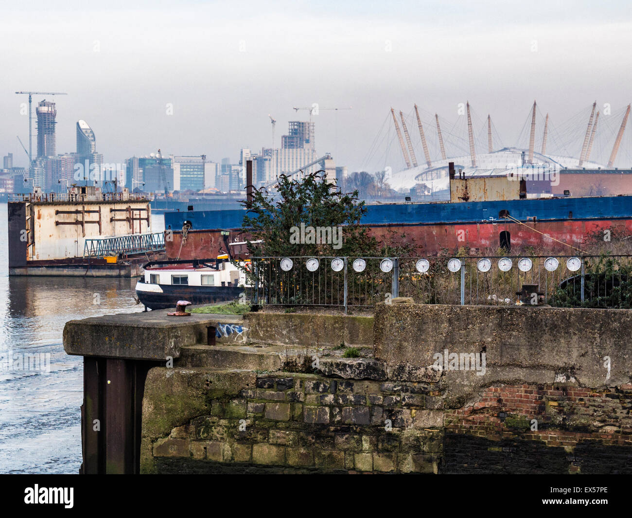 London Greenwich Thames riverside, urban art clocks, the O2 Arena and ...