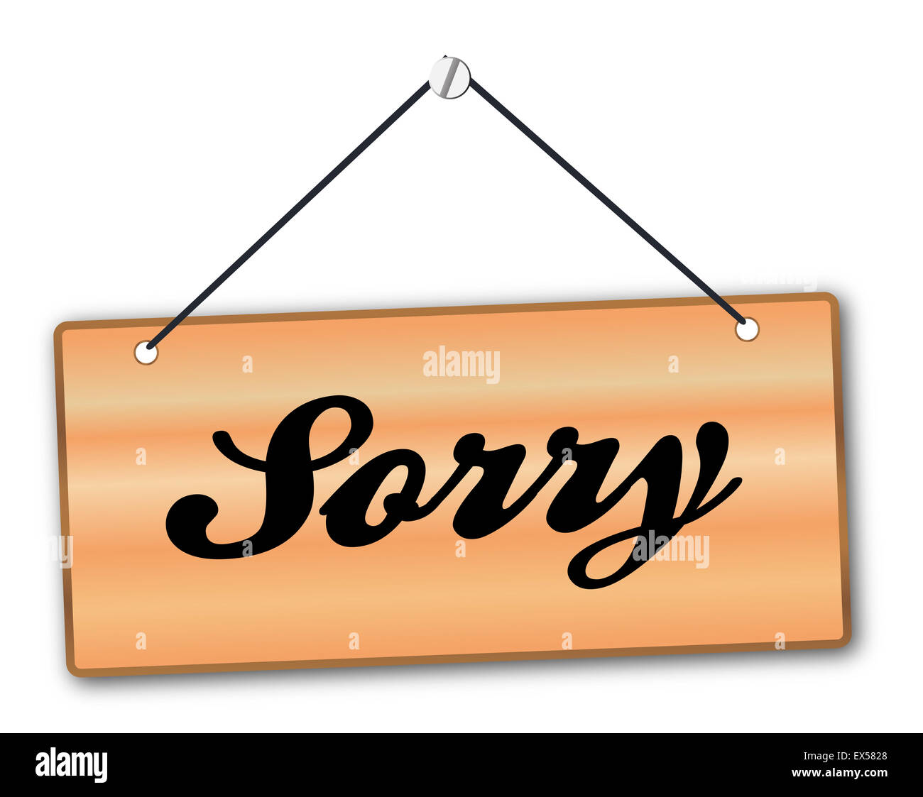 Sorry sign in wood grain with red string and screw Stock Photo - Alamy