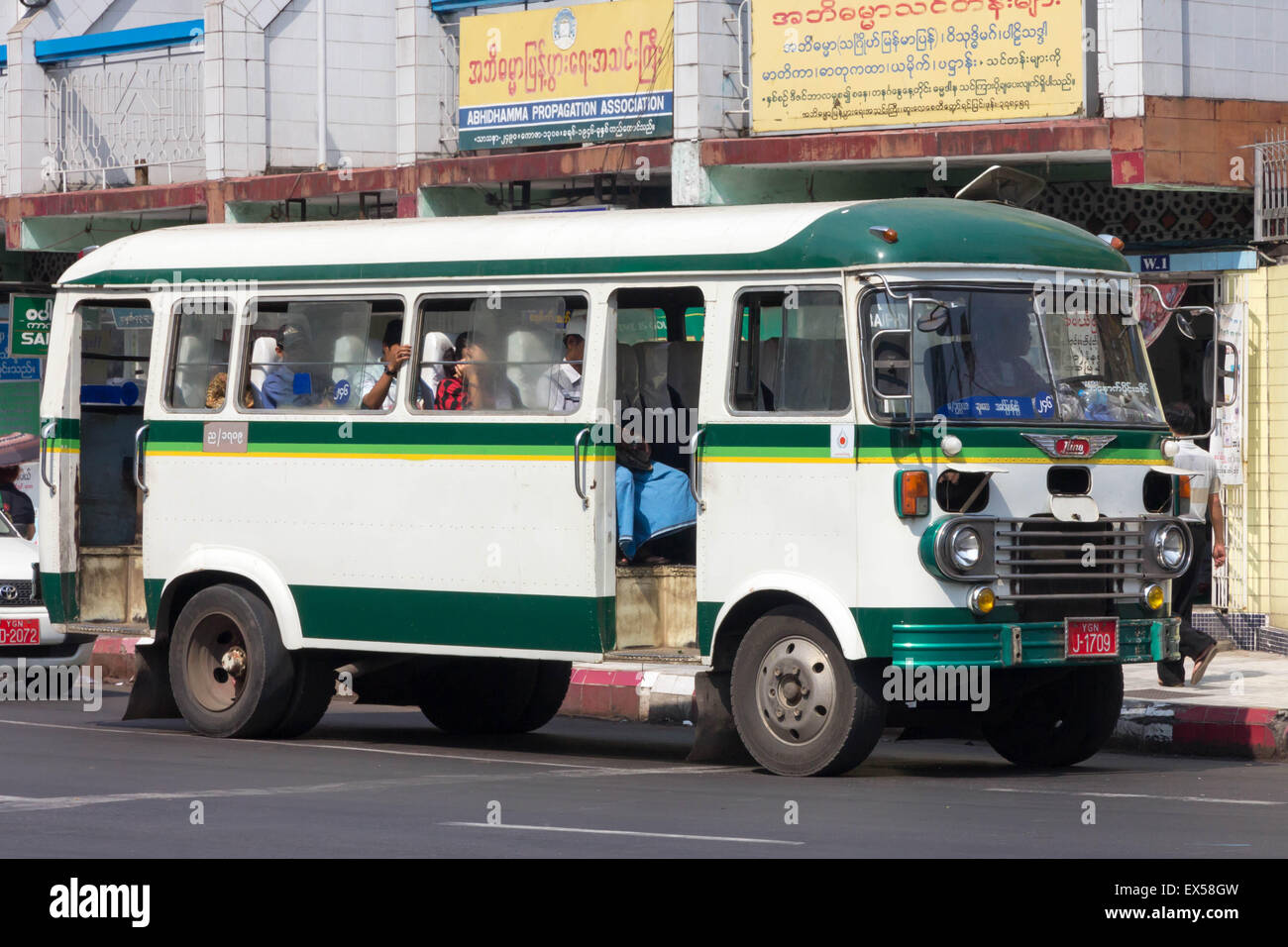 Yangon, Myanmar-May 4th 2014: Local bus. Buses are the most popular ...