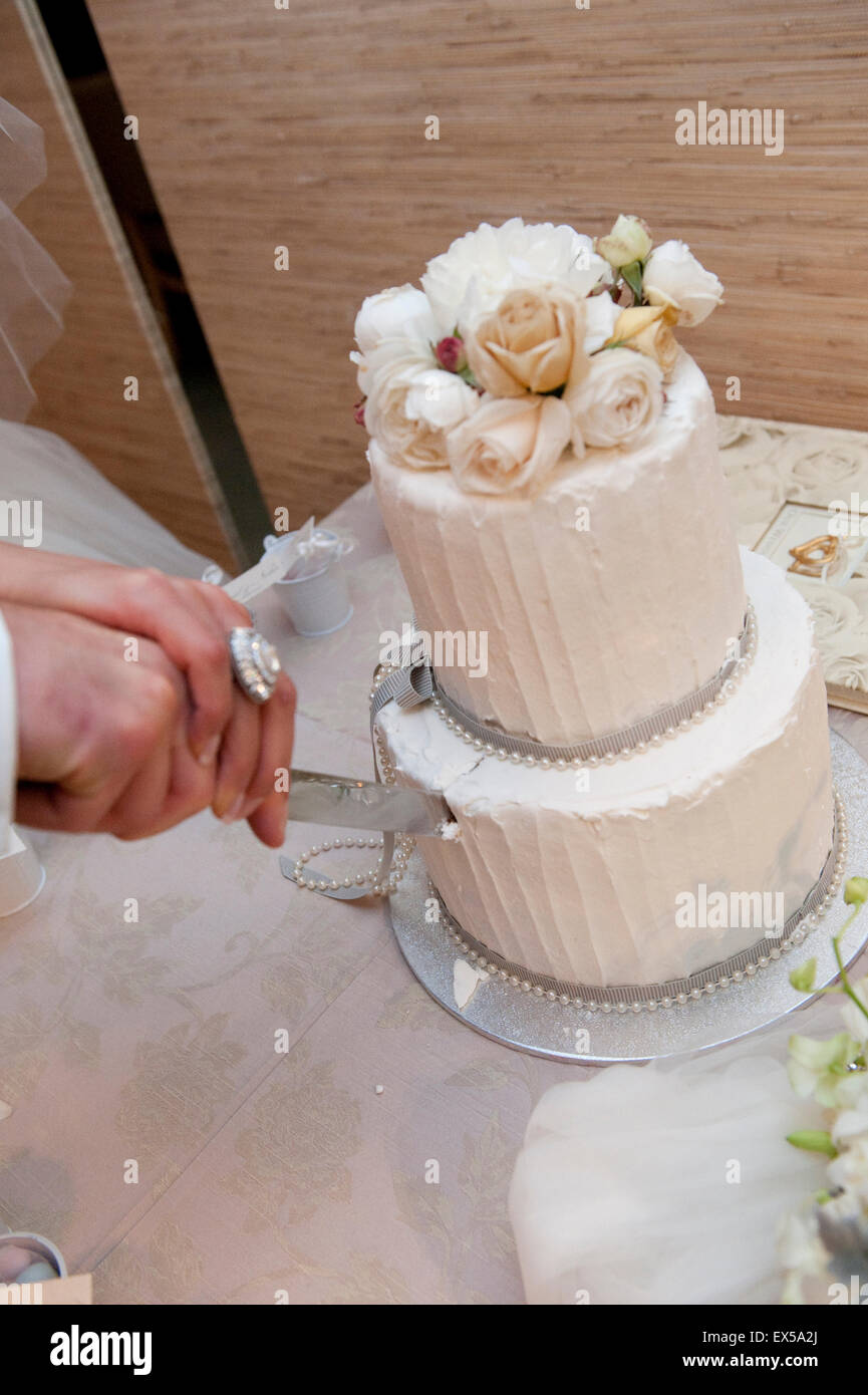 Decorated wedding cake being cut by bride and groom during reception ...
