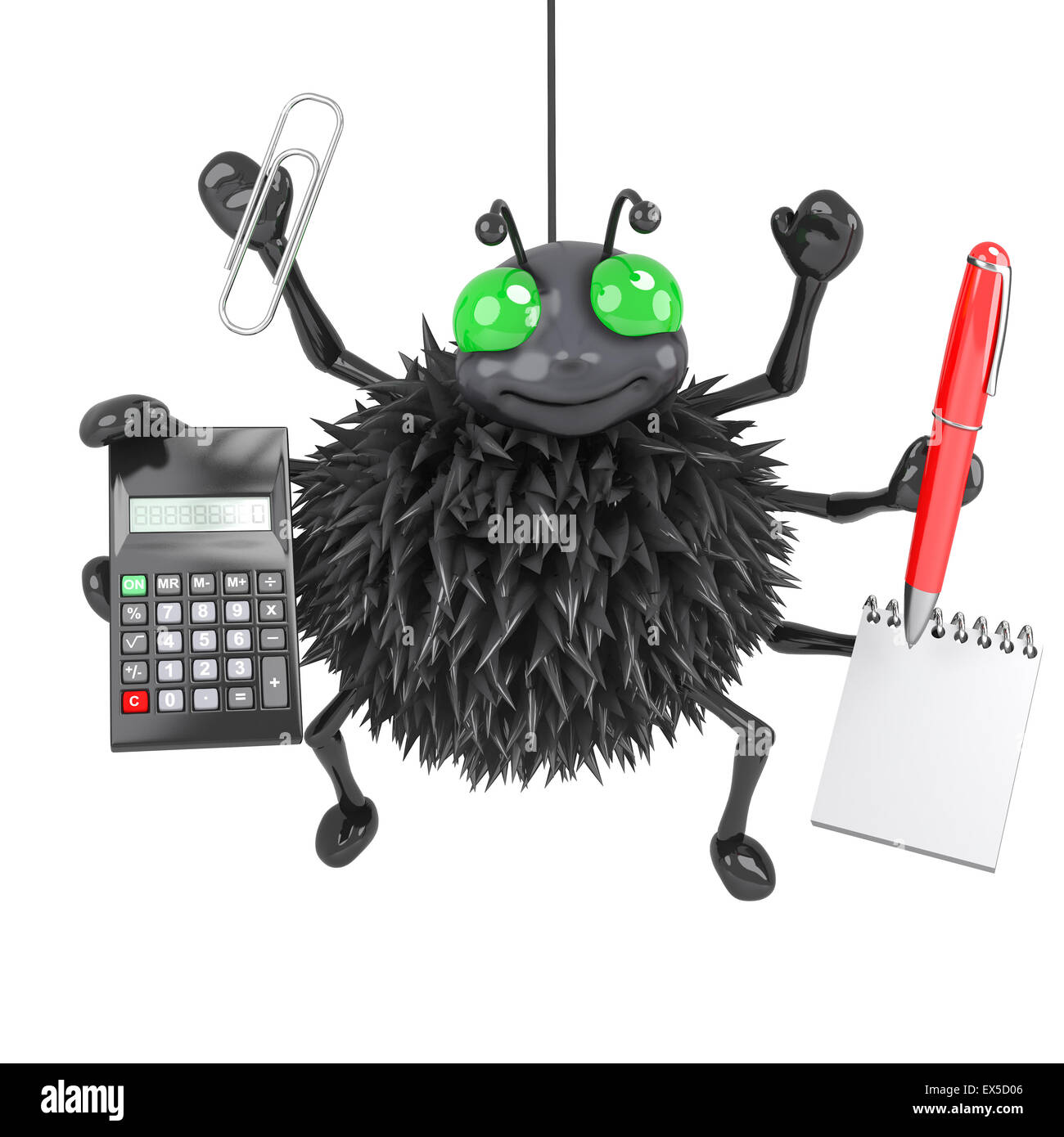 3d render of a spider holding a calculator, notepad and pencil Stock ...