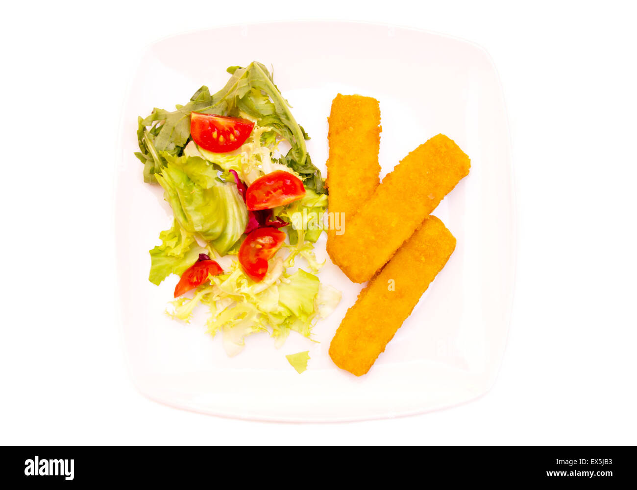 Fish fingers with salad on white background seen from above Stock Photo ...
