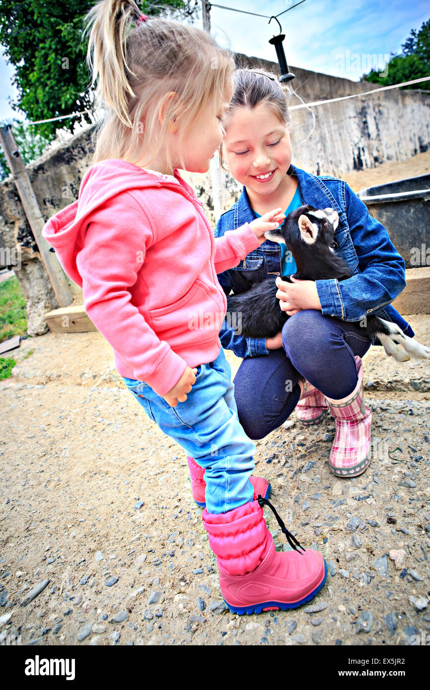 little girls with a goat kid in front of the farm Stock Photo - Alamy