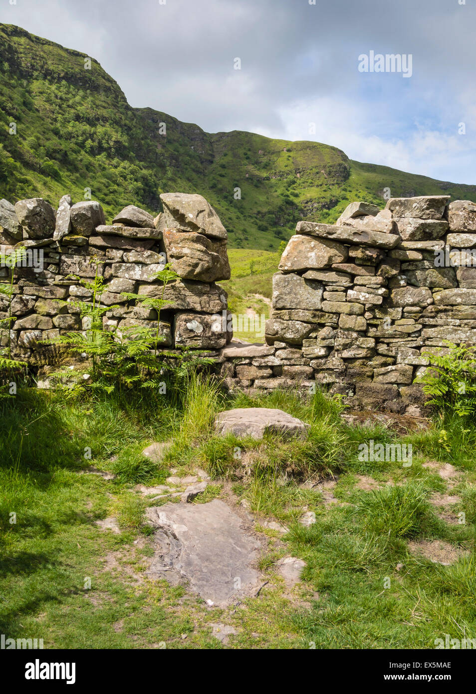Stone wall and stile in a National Nature Reserve, Craig Cerrig ...