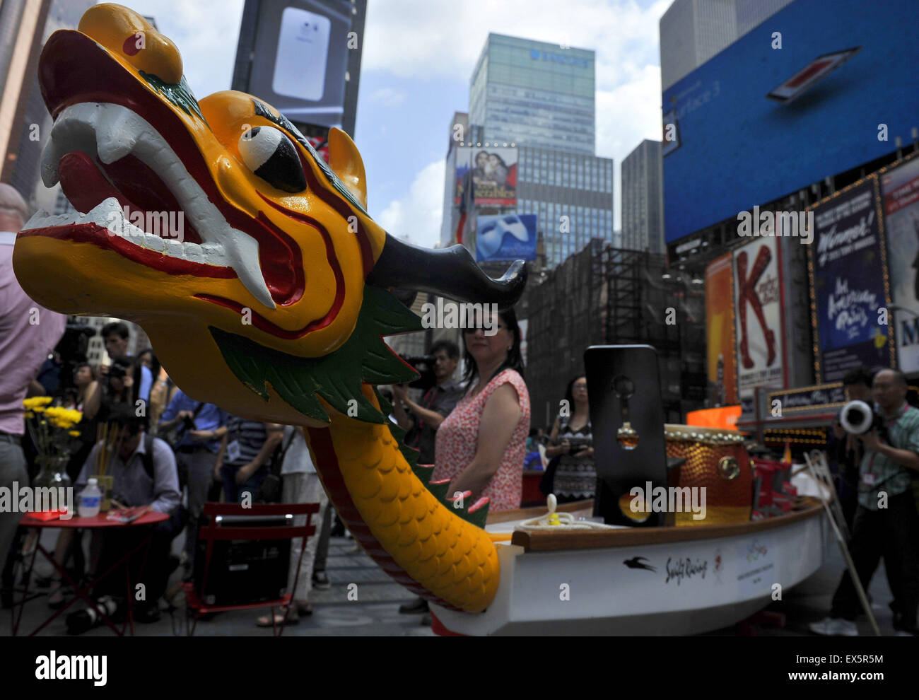 New York, USA. 7th July, 2015. People attend the dragon boat awakening ...
