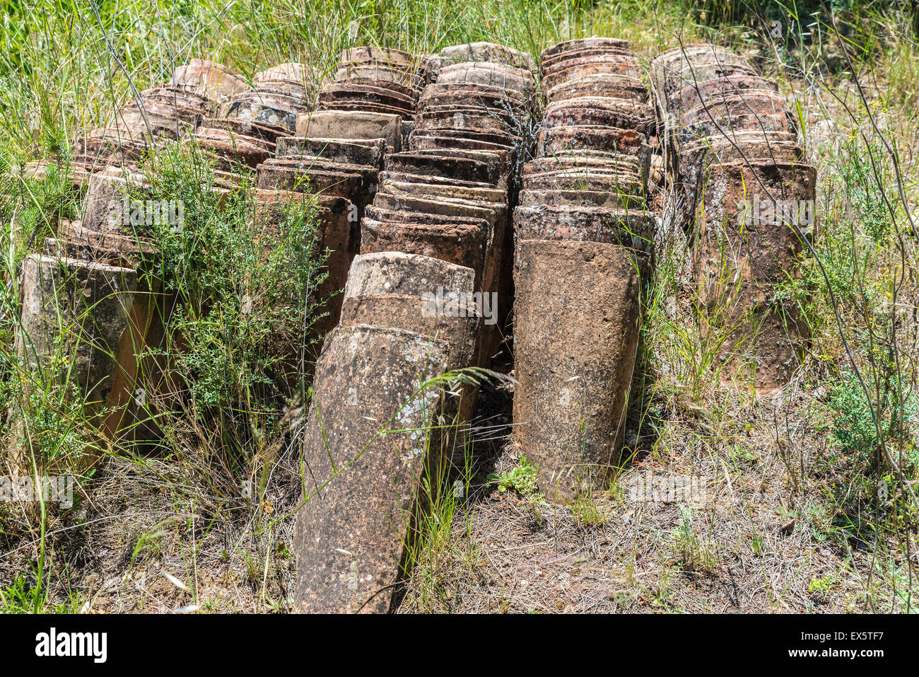 Pile of old shingles abandoned in a rural area of Spain Stock Photo - Alamy