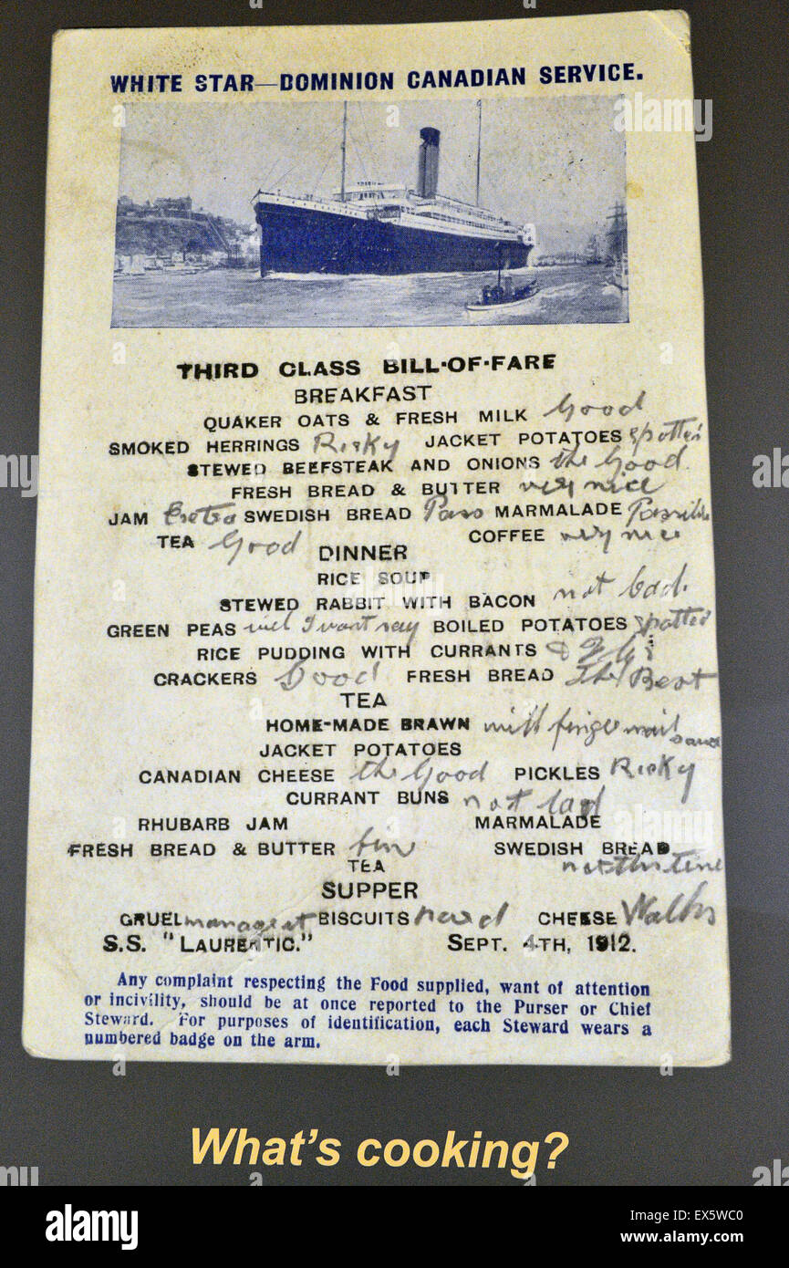 Third Class Bill of Fare, White Star Dominion Canadian Service, SS ...
