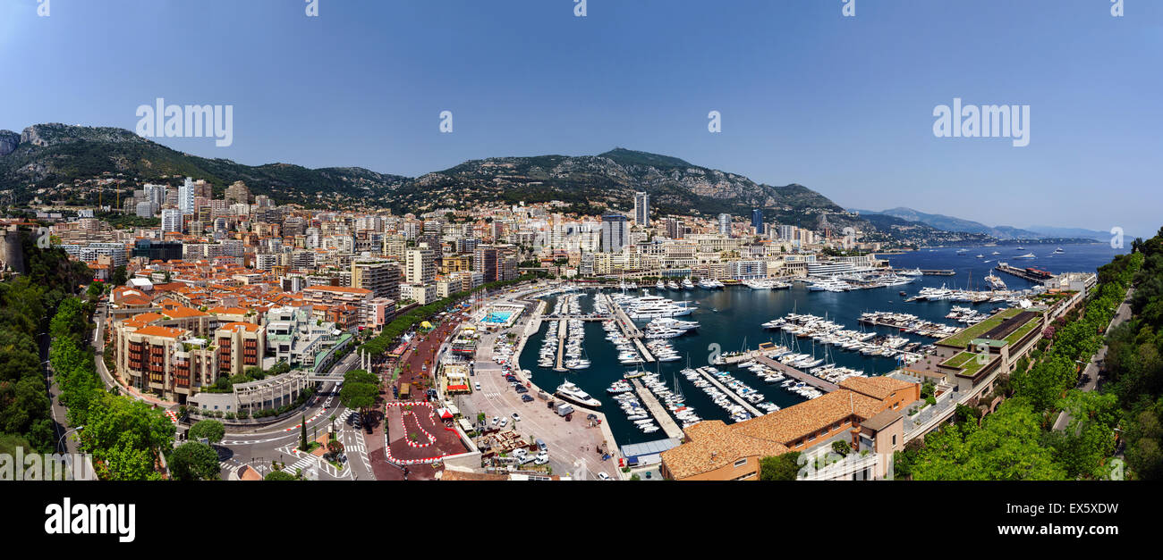 Monaco panoramic bird-fly view, business and tourism concept. Sunny ...