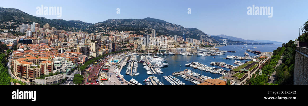 Monaco panoramic bird-fly view, business and tourism concept. Sunny ...