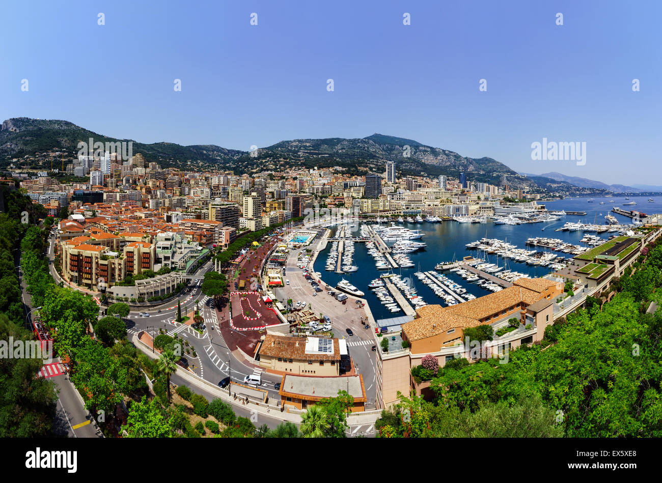 Monaco panoramic bird-fly view, business and tourism concept. Sunny ...
