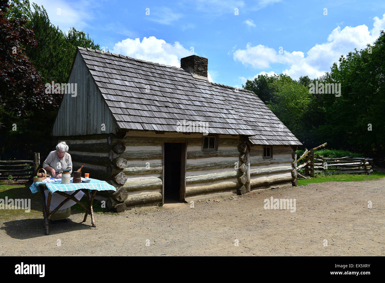 Colonial America frontier woman enactor home bread baking demonstration ...