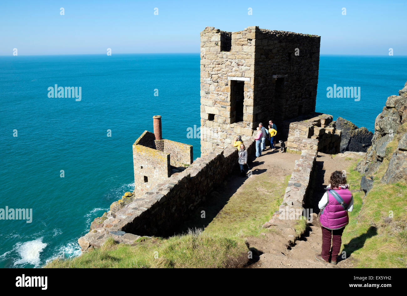 Tourists visiting Botallack Crowns Tin MIne in Cornwall, England, UK ...