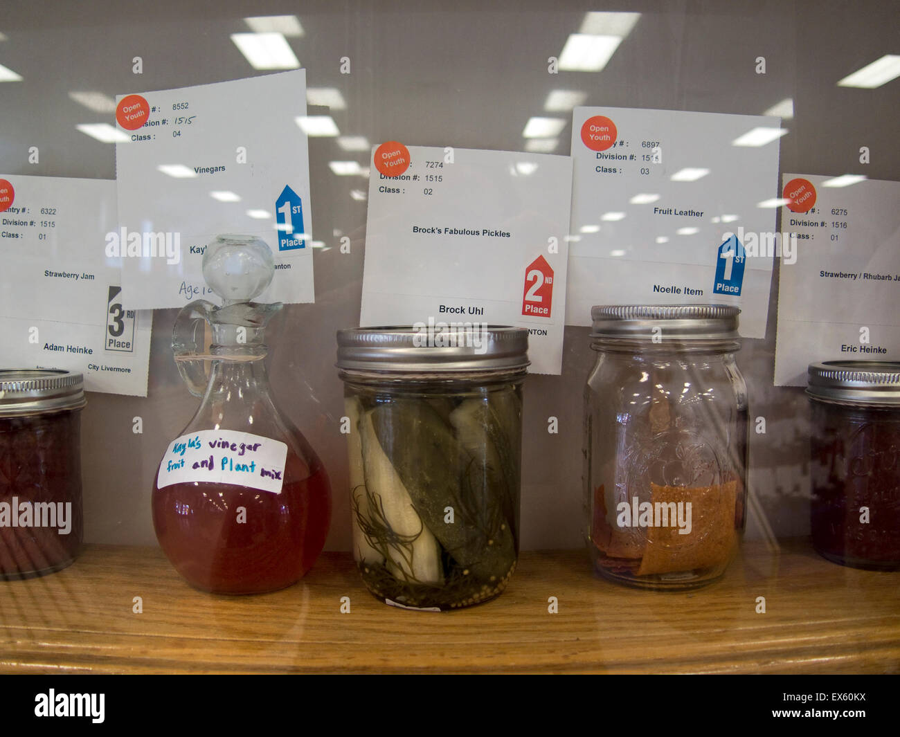 Pleasanton, California, USA. Display of home made preserves and pickles ...
