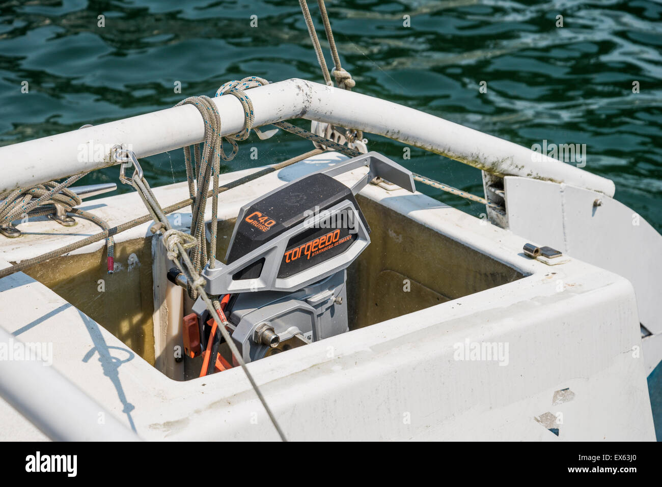 Torqeedo electric outboard motor on solar powered catamaran Stock Photo ...