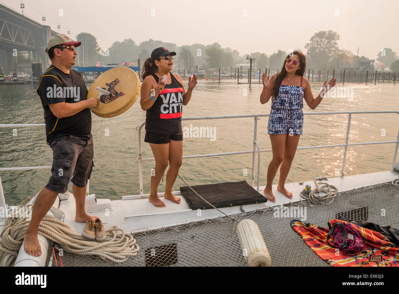 Squamish First Nation Chief Ian Campbell drums abord solar powered ...