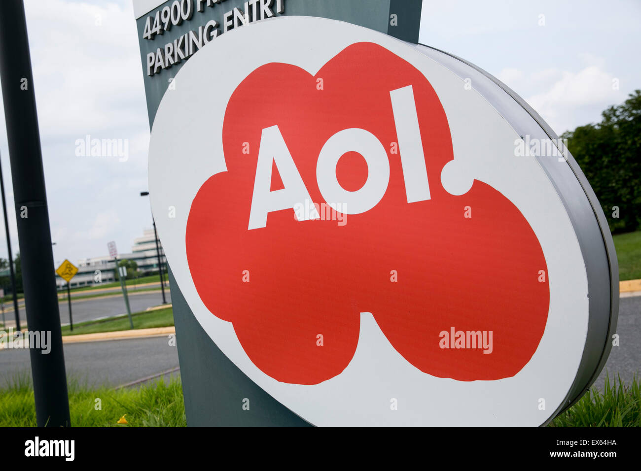 A logo sign outside of an office building occupied by AOL Inc., in ...