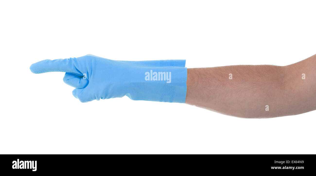 Hand in an cleaning glove making a directional sign on white background ...
